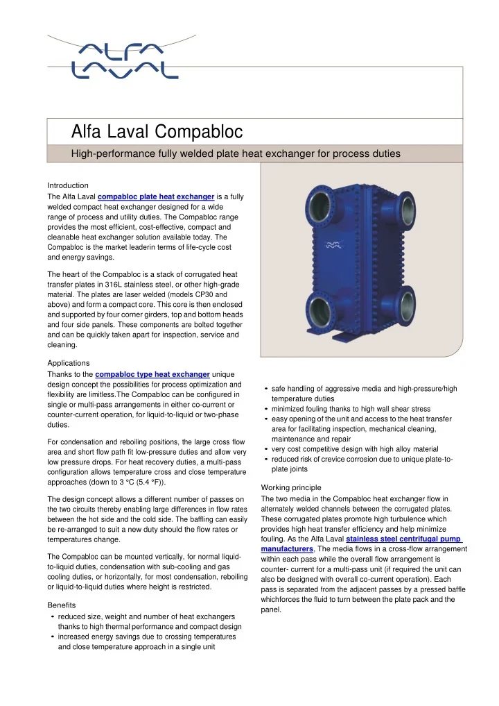 PPT - Alfa Laval Compabloc Plate Heat Exchanger PowerPoint Presentation ...