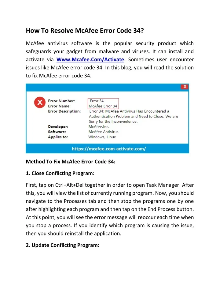 PPT - How To Resolve McAfee Error Code 34? Mcafee.com/activate ...