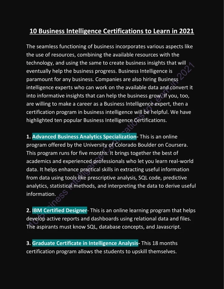 PPT - 10 Business Intelligence Certifications to Learn in 2021 ...