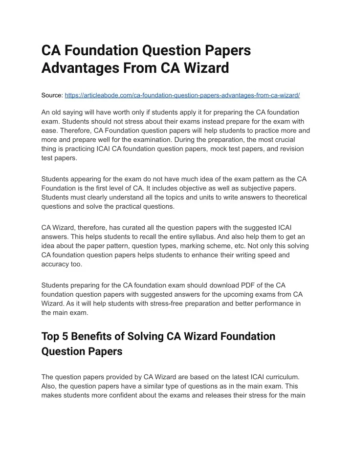 PPT - CA Foundation Question Papers Advantages From CA Wizard ...