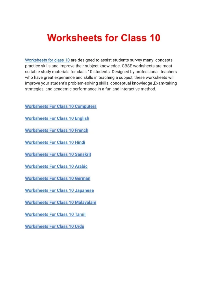 PPT - Worksheets for class 10 available in pdf free download PowerPoint ...