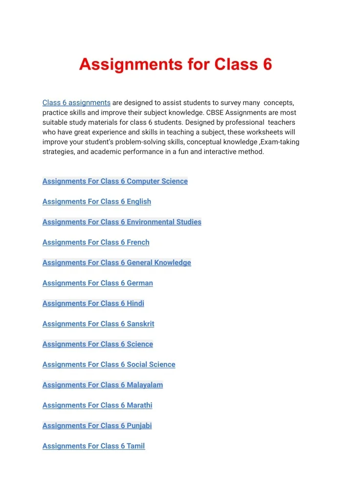 PPT - Class 6 assignments all subjects available in pdf free download ...