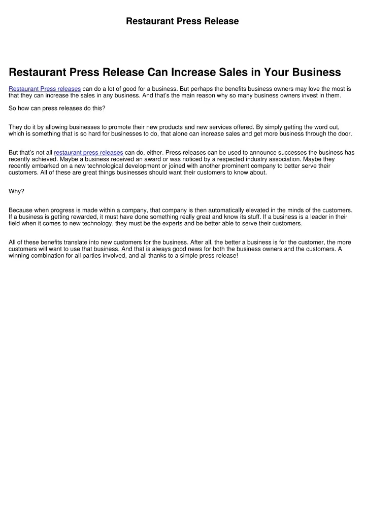 PPT - Restaurant Press Release PowerPoint Presentation, free download ...