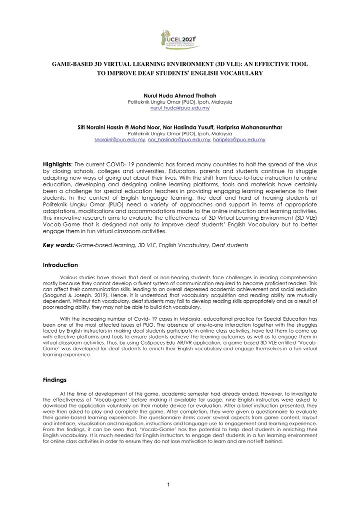 PPT - GAME BASED 3D VLE EXTENDED ABSTRACT - NURUL HUDA AHMAD THALHAH ...