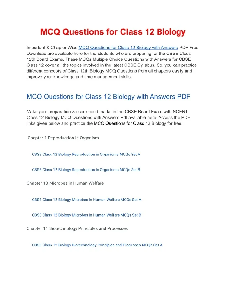 PPT - MCQ Questions for Class 12 Biology PowerPoint Presentation, free ...