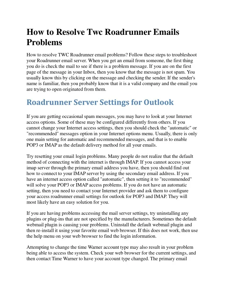 PPT - TWC Roadrunner Email Problems - Roadrunner Server Settings For ...