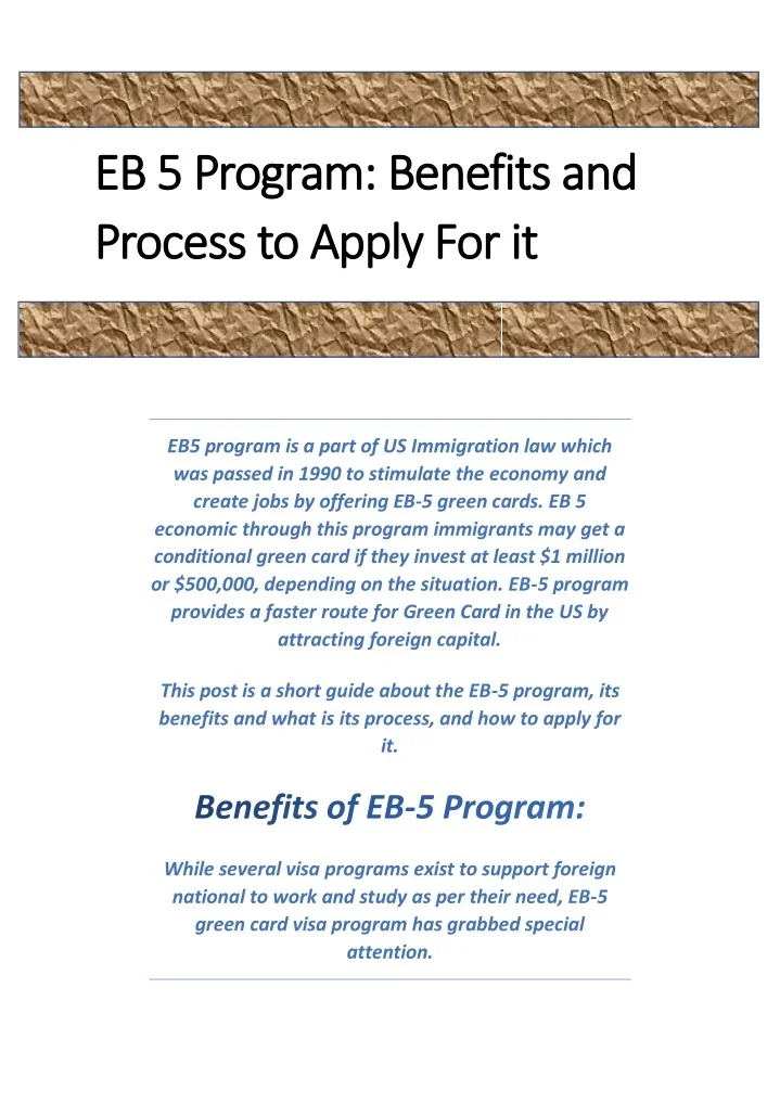 PPT - EB 5 Program Benefits and Process to Apply For it PowerPoint ...
