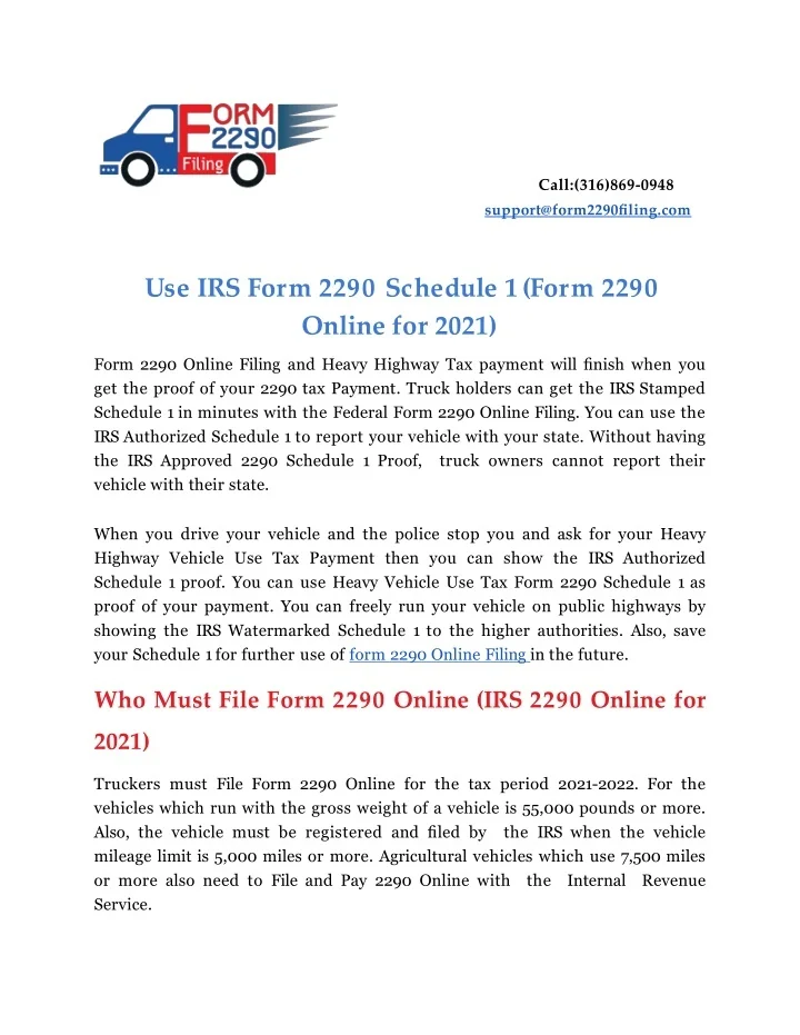 PPT - Use IRS Form 2290 Schedule 1 (Form 2290 Online for 2021 ...
