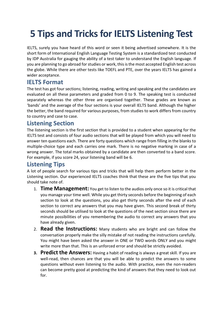 PPT - 5 Tips and Tricks for IELTS Listening Test PowerPoint ...