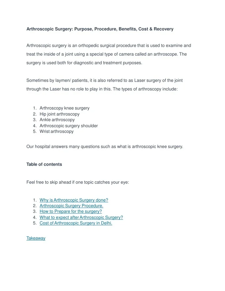 PPT - Arthroscopic Surgery_ Purpose, Procedure, Benefits, Cost ...