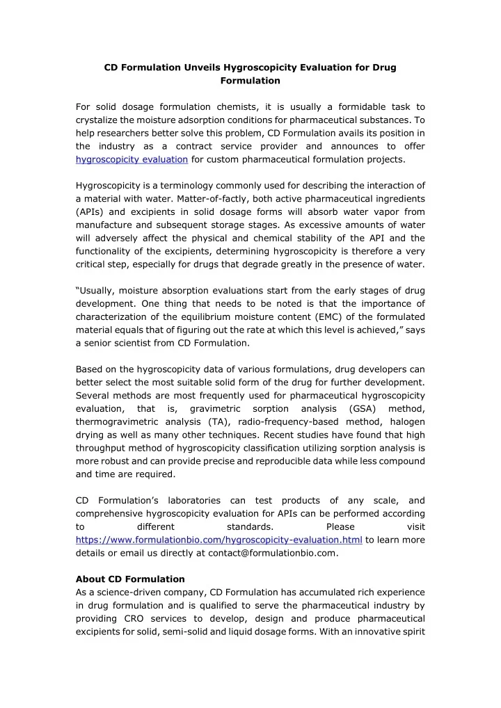 PPT - CD Formulation Unveils Hygroscopicity Evaluation for Drug Formulation PowerPoint ...
