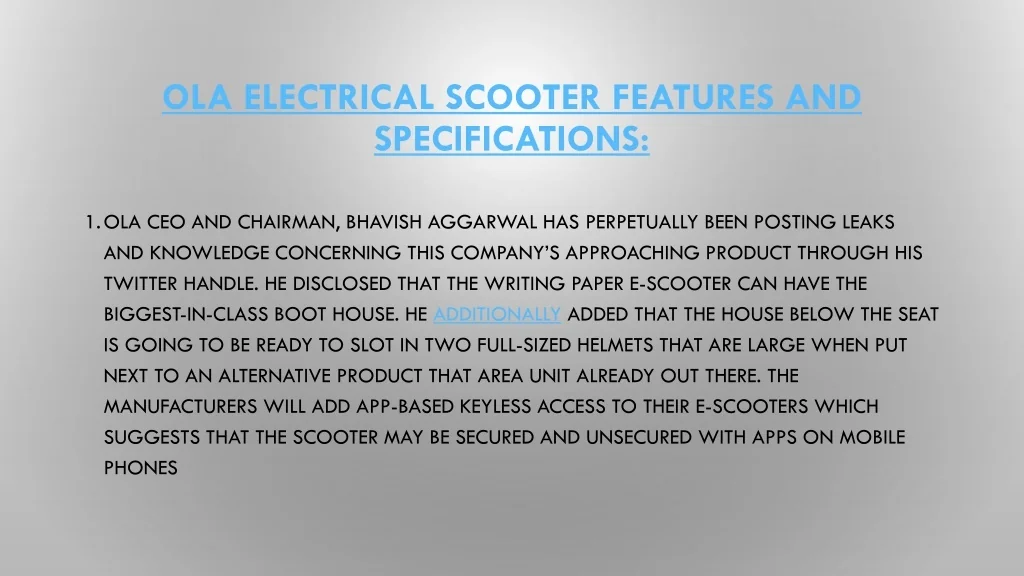 PPT - Ola Electrical scooter features and specifications price, mileage ...