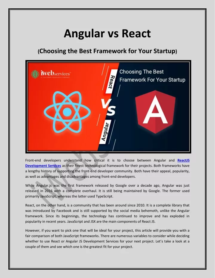 Ppt Angular Vs React Choosing The Best Framework For Your Startup Iwebservices Powerpoint