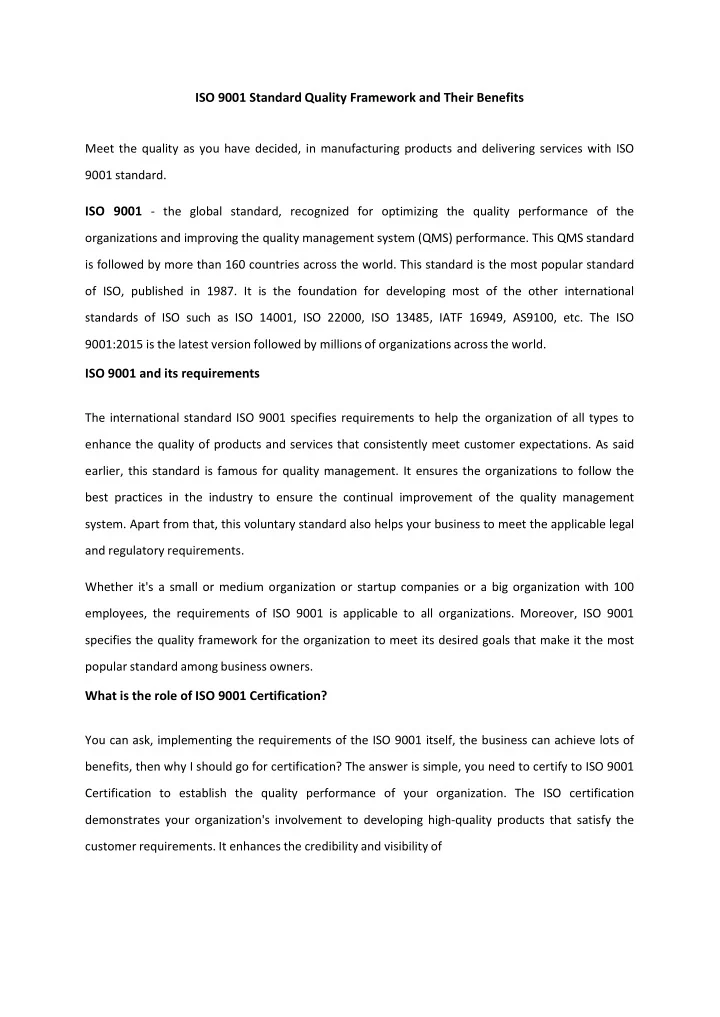 PPT - ISO-9001-Standard-Quality-Framework-and-Their-Benefits PowerPoint ...