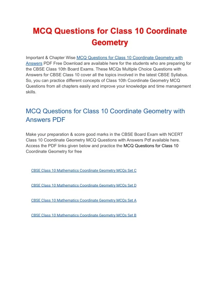 PPT - MCQs Class 10 Coordinate Geometry with Answers PDF Download ...