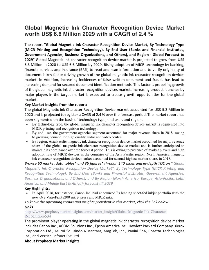 PPT - Global Magnetic Ink Character Recognition Device Market worth US ...