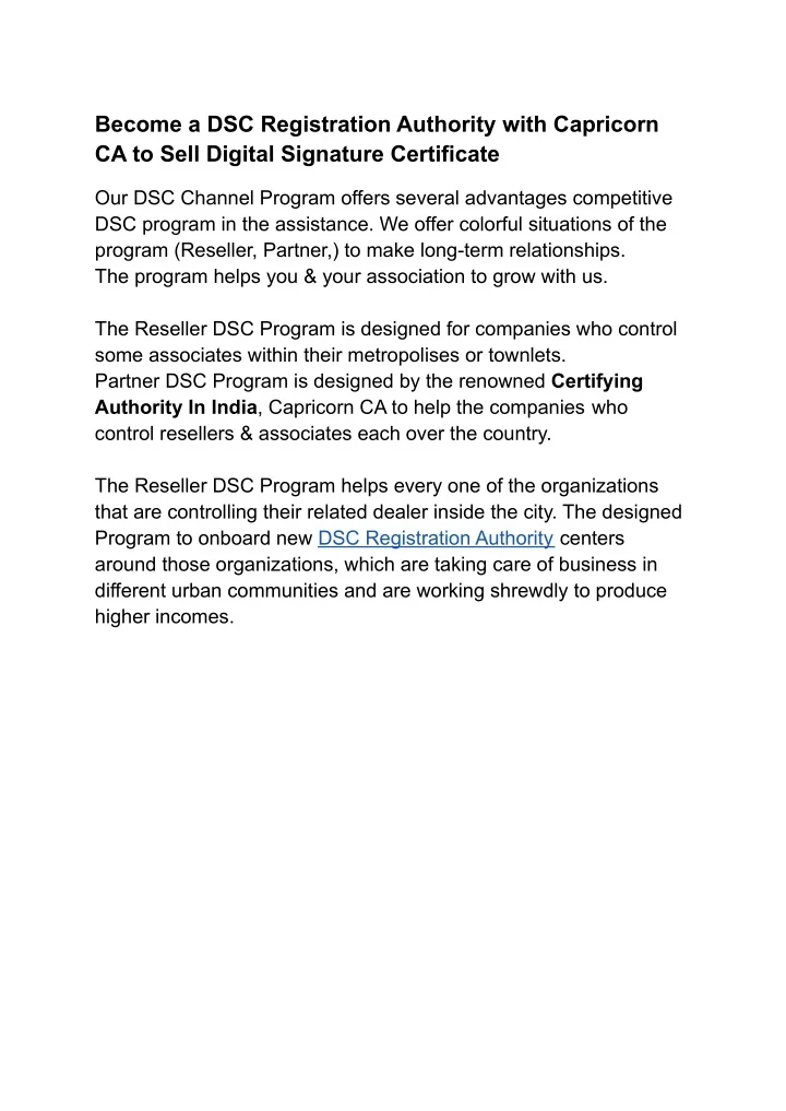 PPT - Become a DSC Registration Authority with Capricorn CA to Sell ...