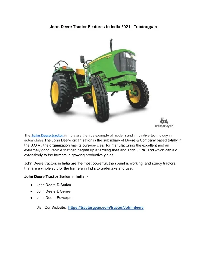 PPT - John Deere Tractor Features in India 2021 | Tractorgyan ...