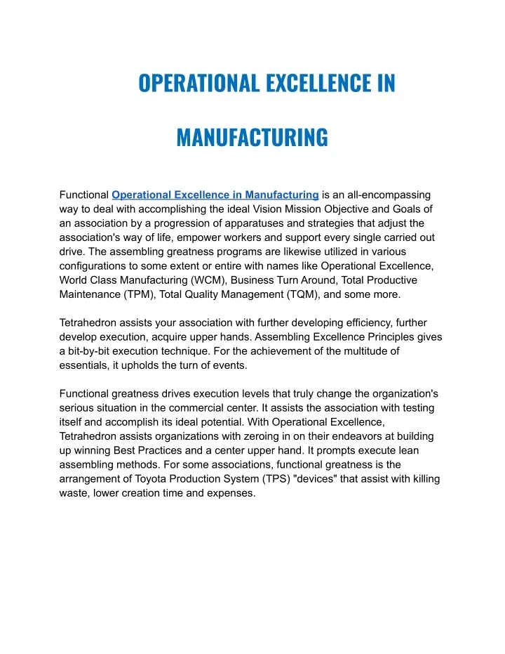 PPT - OPERATIONAL EXCELLENCE IN MANUFACTURING PowerPoint Presentation ...