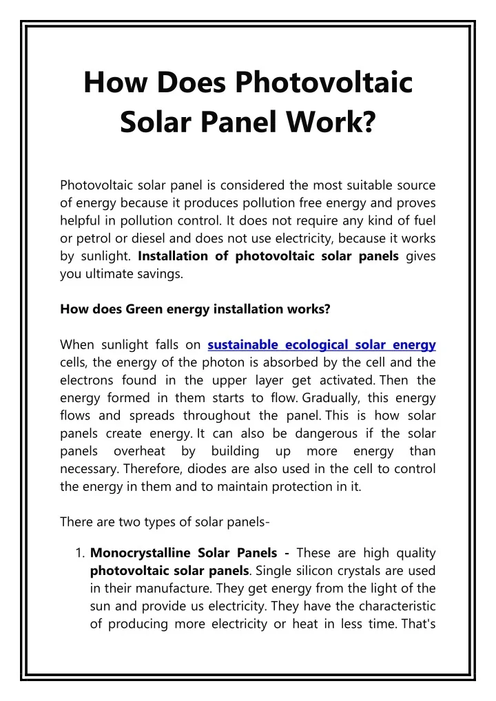 PPT - How Does Photovoltaic Solar Panel Work PDF PowerPoint ...