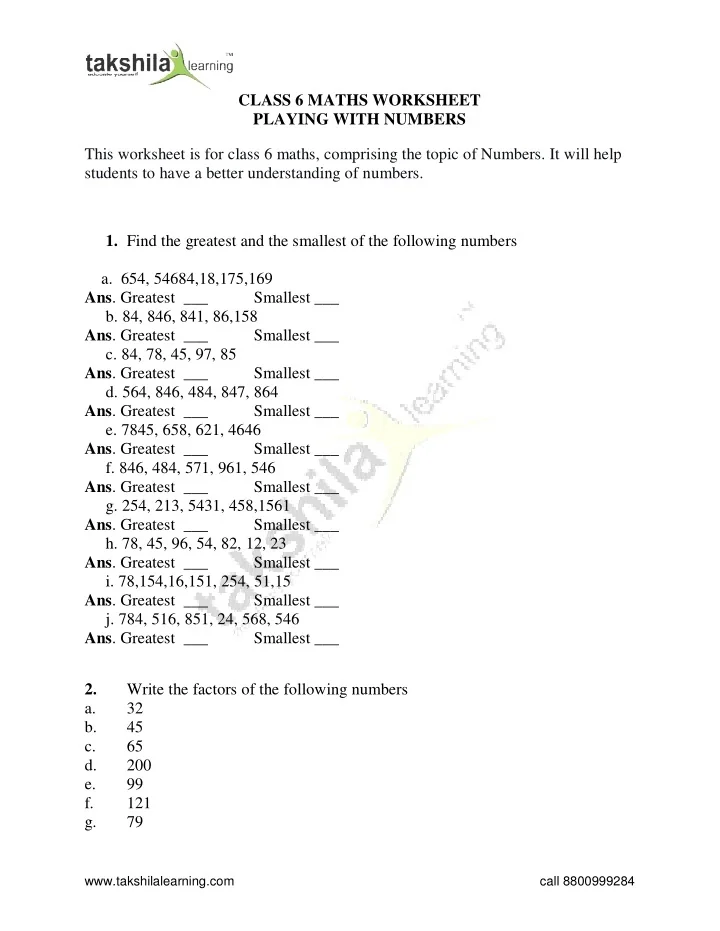 PPT - CLASS 6 MATHS WORKSHEET - PLAYING WITH NUMBERS PowerPoint ...