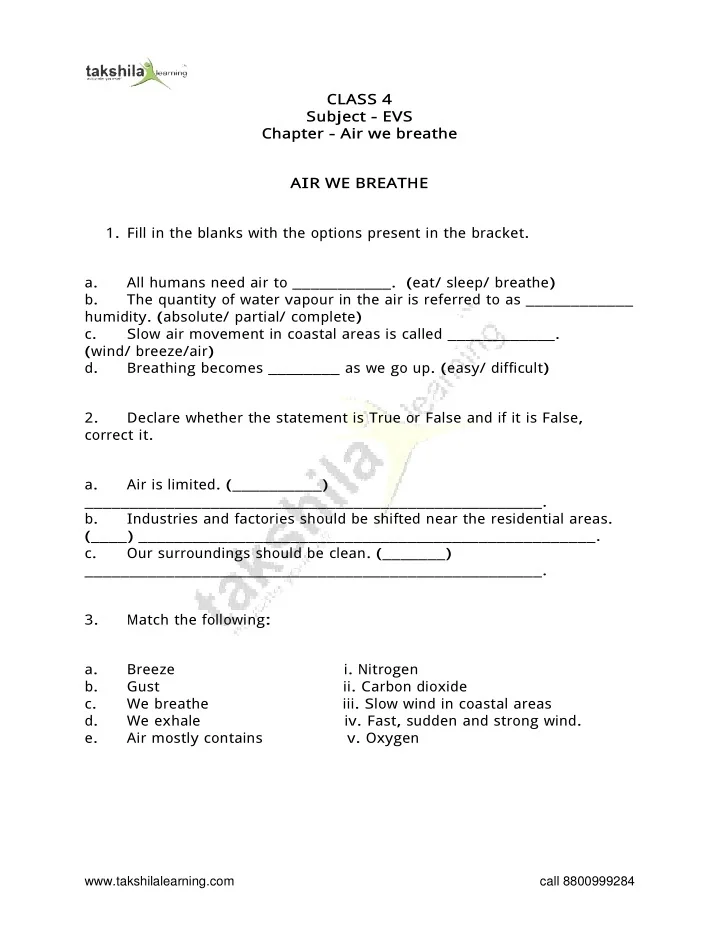 PPT - Air We Breathe – EVS Worksheet for CBSE Class 4 With Answers ...
