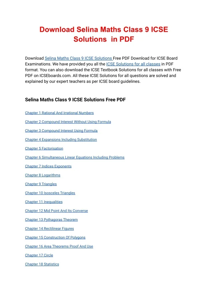 PPT - Selina Maths Class 9 ICSE Solutions Free PDF Download PowerPoint ...