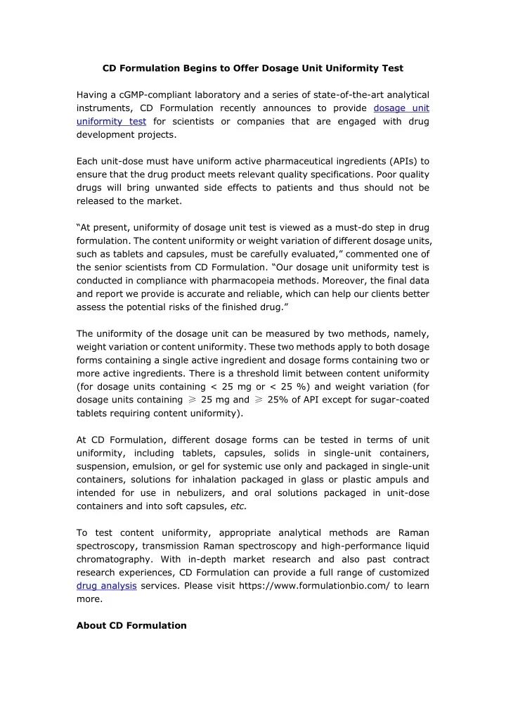 PPT - CD Formulation Begins to Offer Dosage Unit Uniformity Test ...