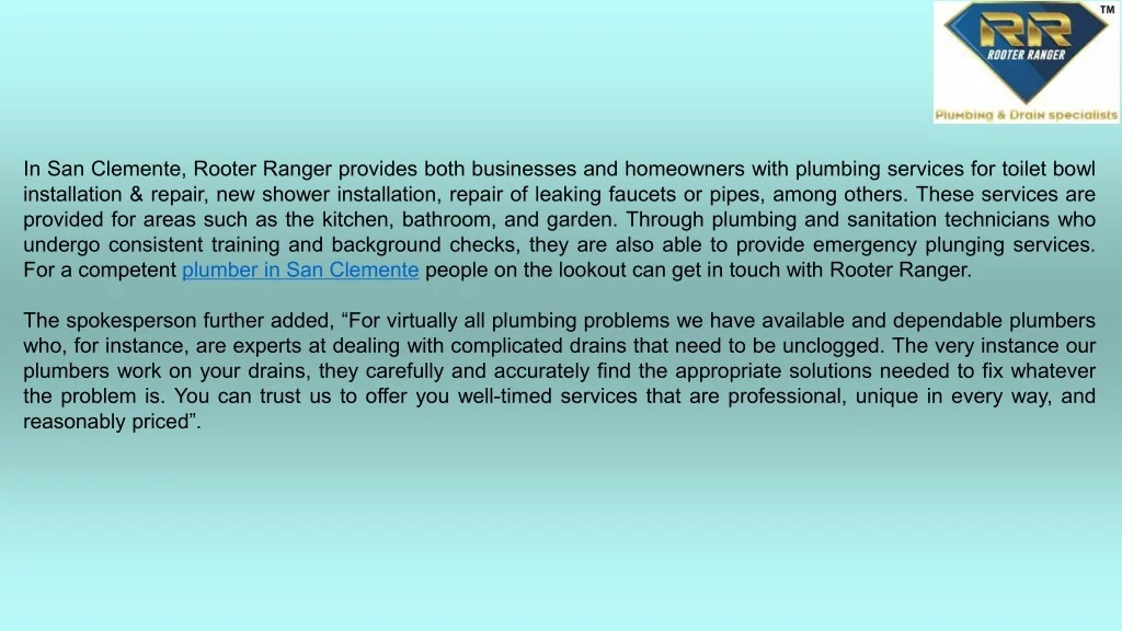 PPT - Rooter Ranger Offers Standard Plumbing Services in San Clemente ...