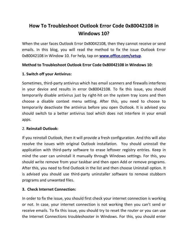 PPT - Resolve - Troubleshoot Outlook Error Code 0x80042108 in Windows ...