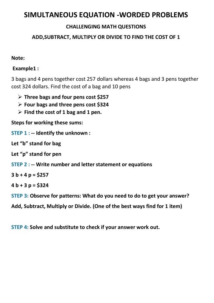 PPT - SIMULTANEOUS EQUATION WORDED PROBLEMS PowerPoint Presentation ...