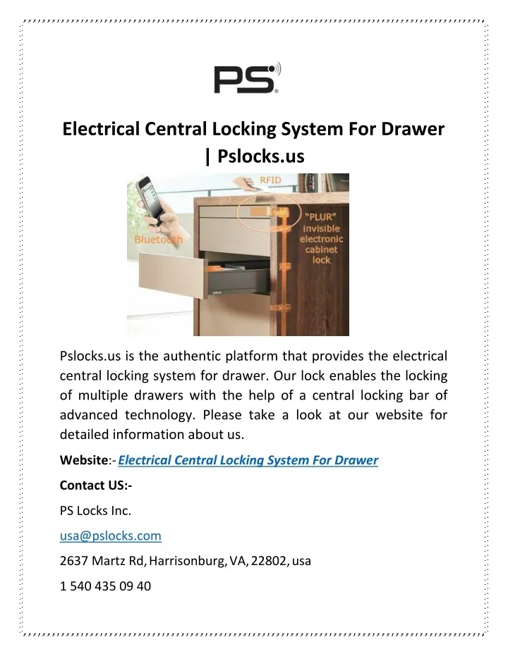 PPT - Electrical Central Locking System For Drawer | Pslocks.us ...