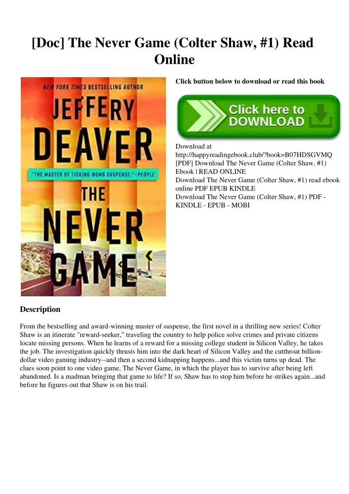 PPT - [Doc] The Never Game (Colter Shaw #1) Read Online PowerPoint ...