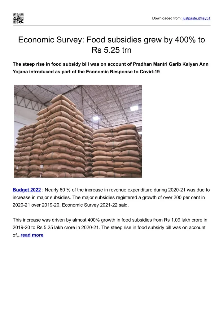 PPT - Economic Survey_Food subsidies grew by 400% to Rs 5.25 trn ...