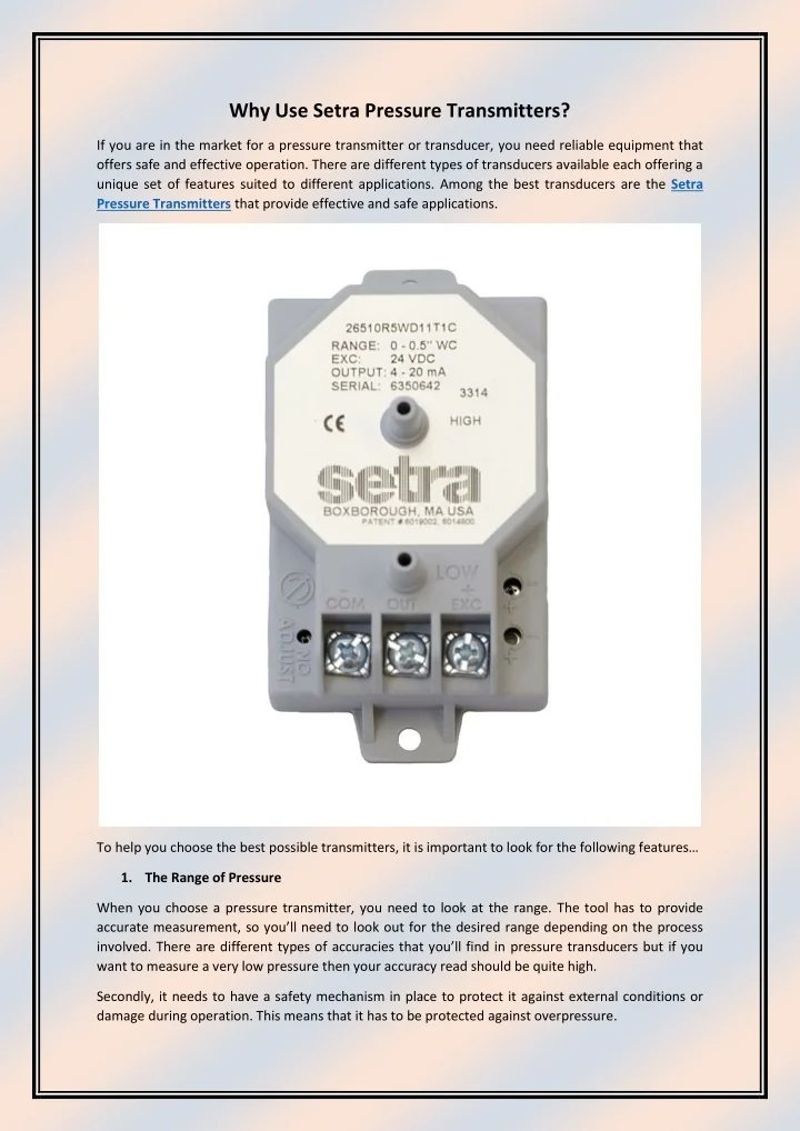 PPT - Why Use Setra Pressure Transmitters PowerPoint Presentation, free ...
