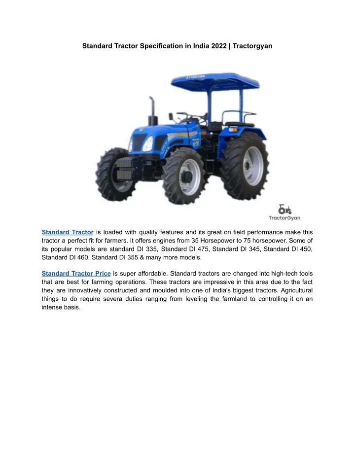 PPT - Standard Tractor Specification in India 2022 | Tractorgyan ...