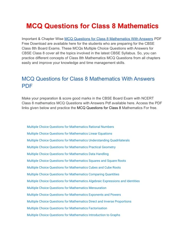 PPT - MCQs Class 8 Mathematics with Answers PDF Download PowerPoint ...