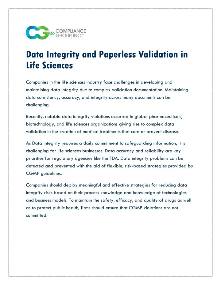 PPT - Data Integrity and Paperless Validation in Life Sciences PowerPoint Presentation - ID:11134656
