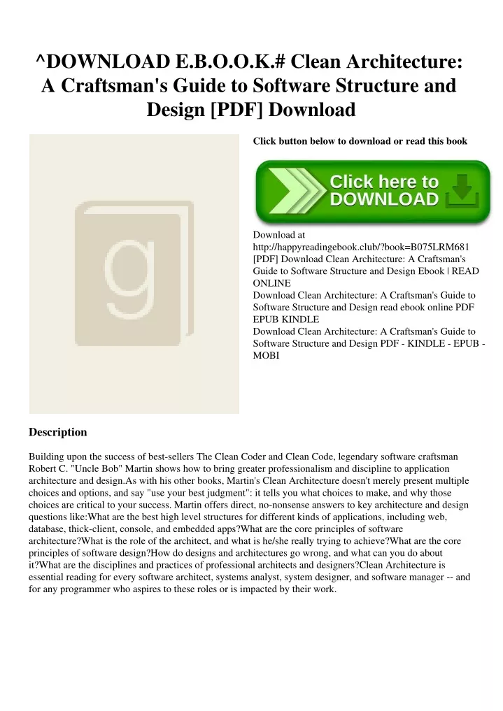 PPT - ^DOWNLOAD E.B.O.O.K.# Clean Architecture A Craftsman's Guide to ... PPT - ^DOWNLOAD E.B.O.O.K.# Clean Architecture A Craftsman's Guide to ...