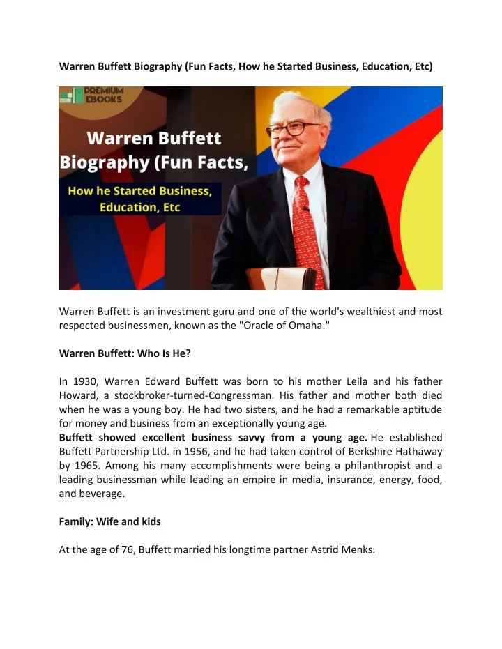PPT - Warren Buffett Biography (Fun Facts, How he Started Business ...