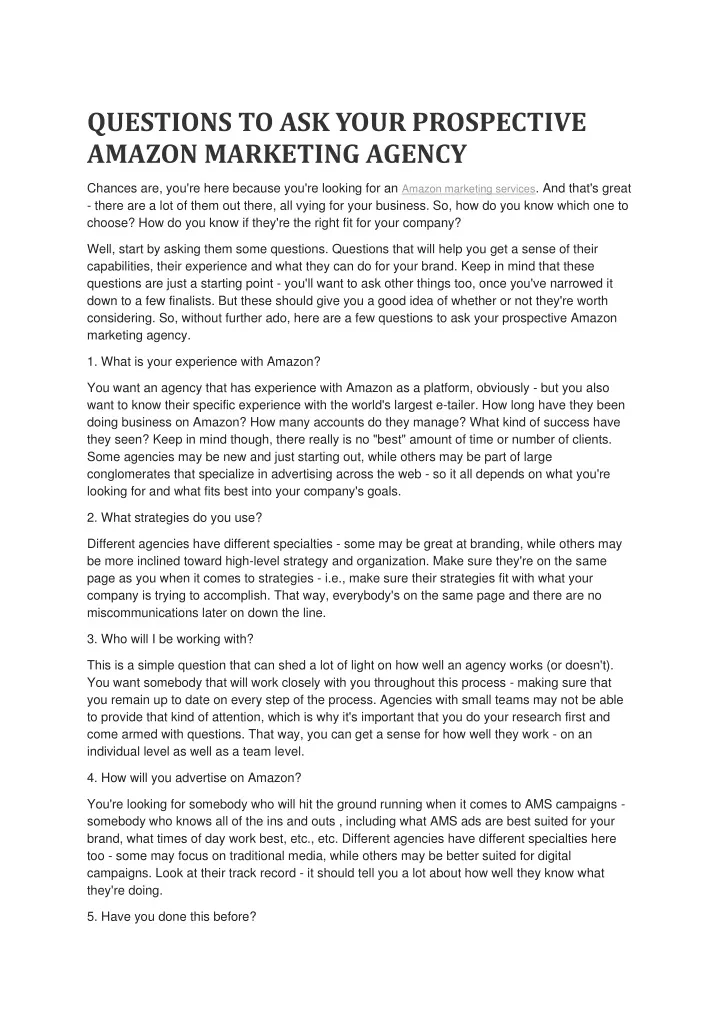 PPT - Questions to Ask Your Prospective Amazon Marketing Agency ... PPT - Questions to Ask Your Prospective Amazon Marketing Agency ...