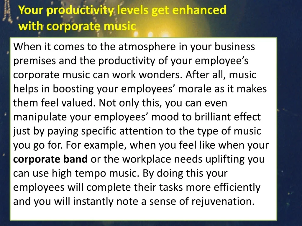 PPT - Productivity levels of corporate band - Texchoice Band Austin ...