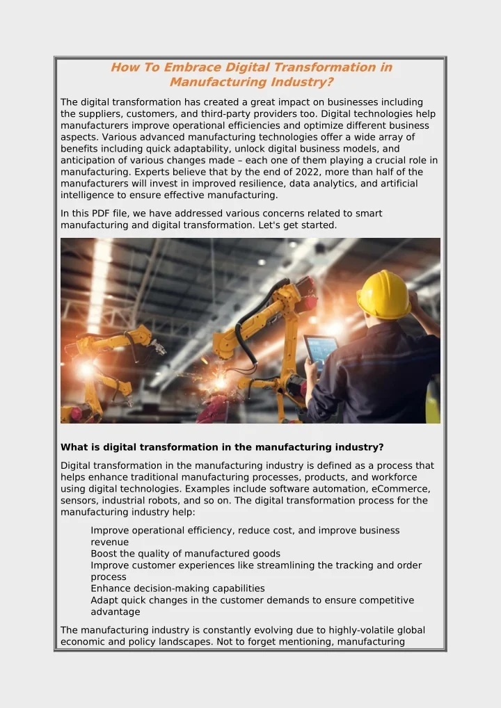 PPT - How To Embrace Digital Transformation in Manufacturing Industry ...