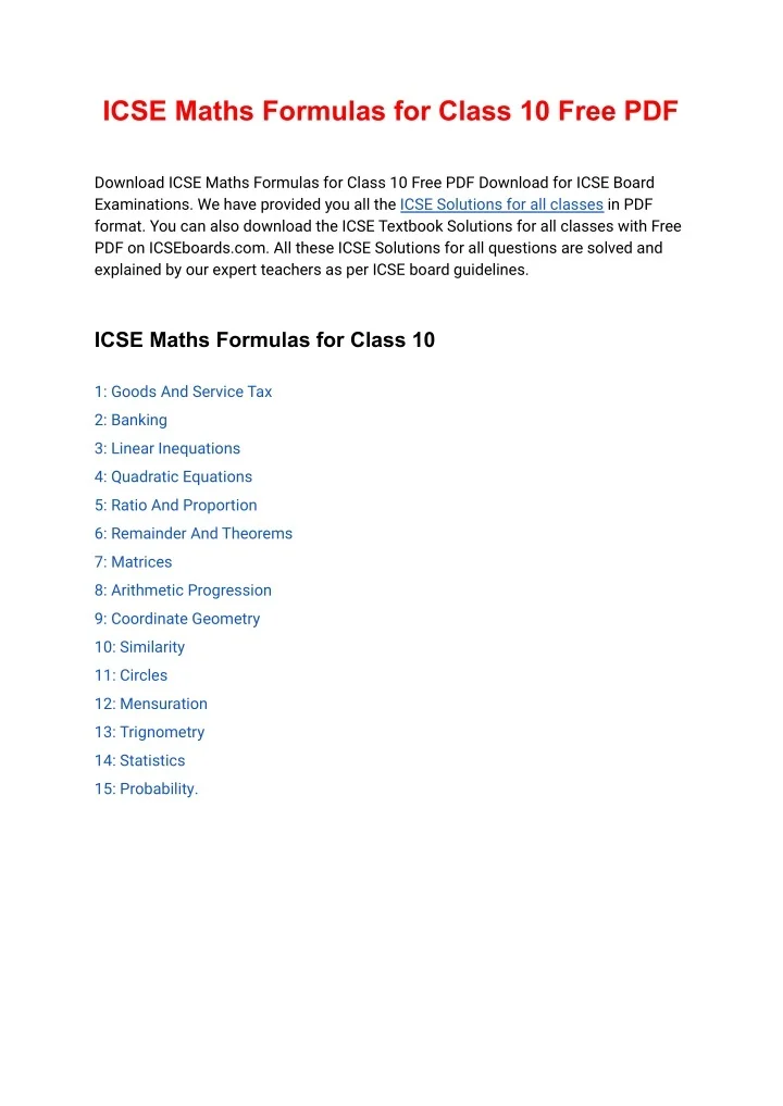 PPT - Maths Formulas for Class 10 ICSE Free PDF Download PowerPoint ...