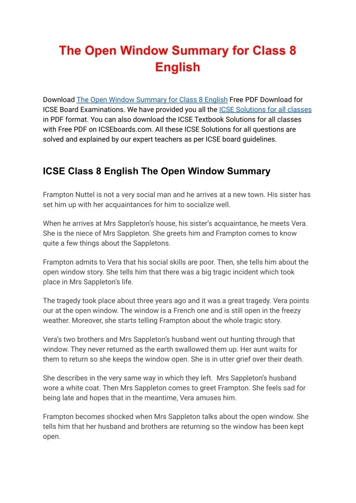 PPT - The Open Window Summary for Class 8 English Free PDF PowerPoint ...