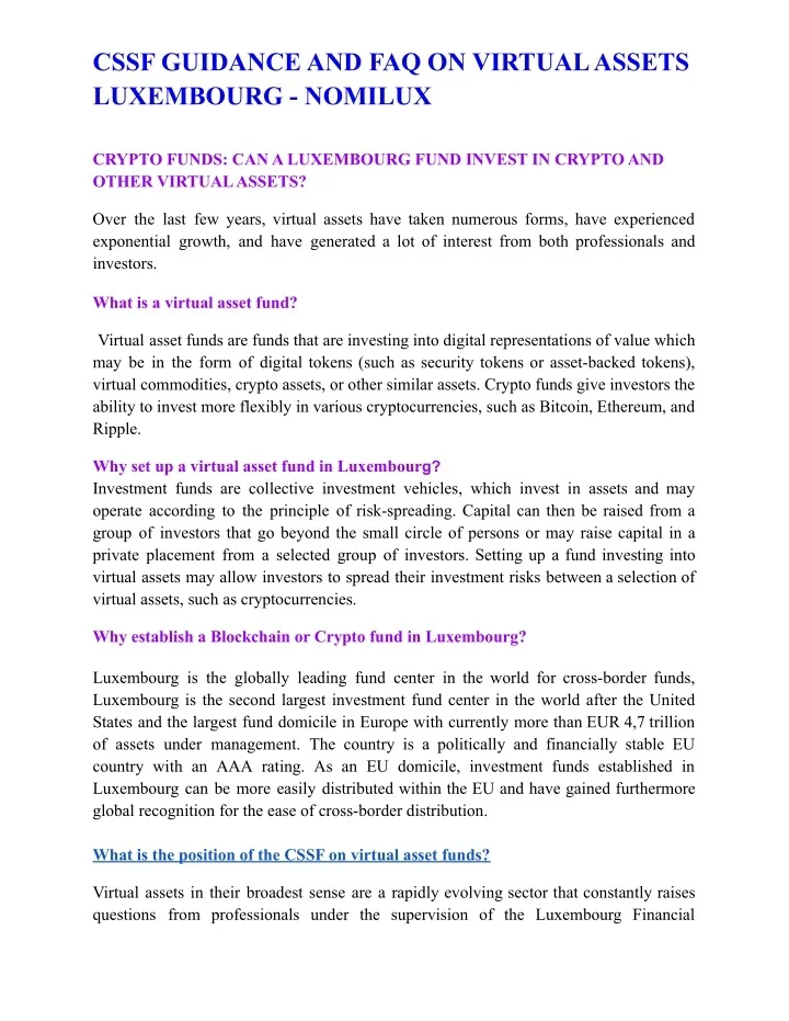 PPT - CSSF GUIDANCE AND FAQ ON VIRTUAL ASSETS LUXEMBOURG - NOMILUX ...