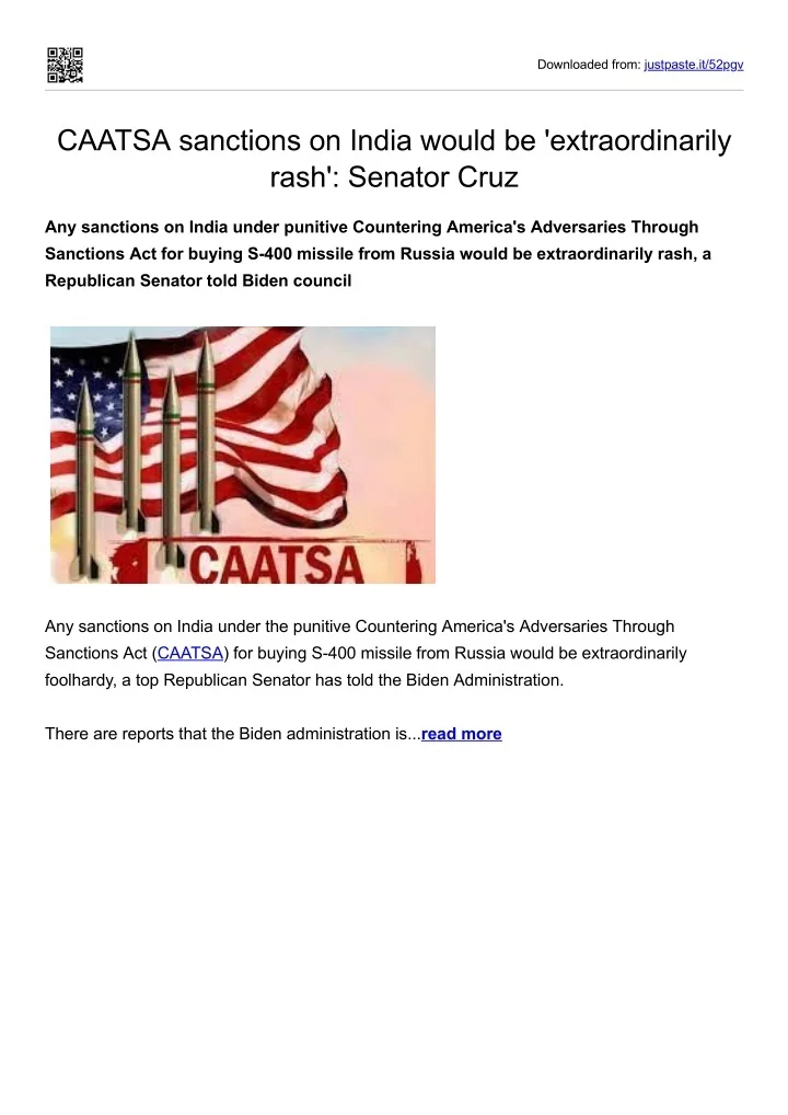 PPT - CAATSA sanctions on India would be 'extraordinarily rash ...