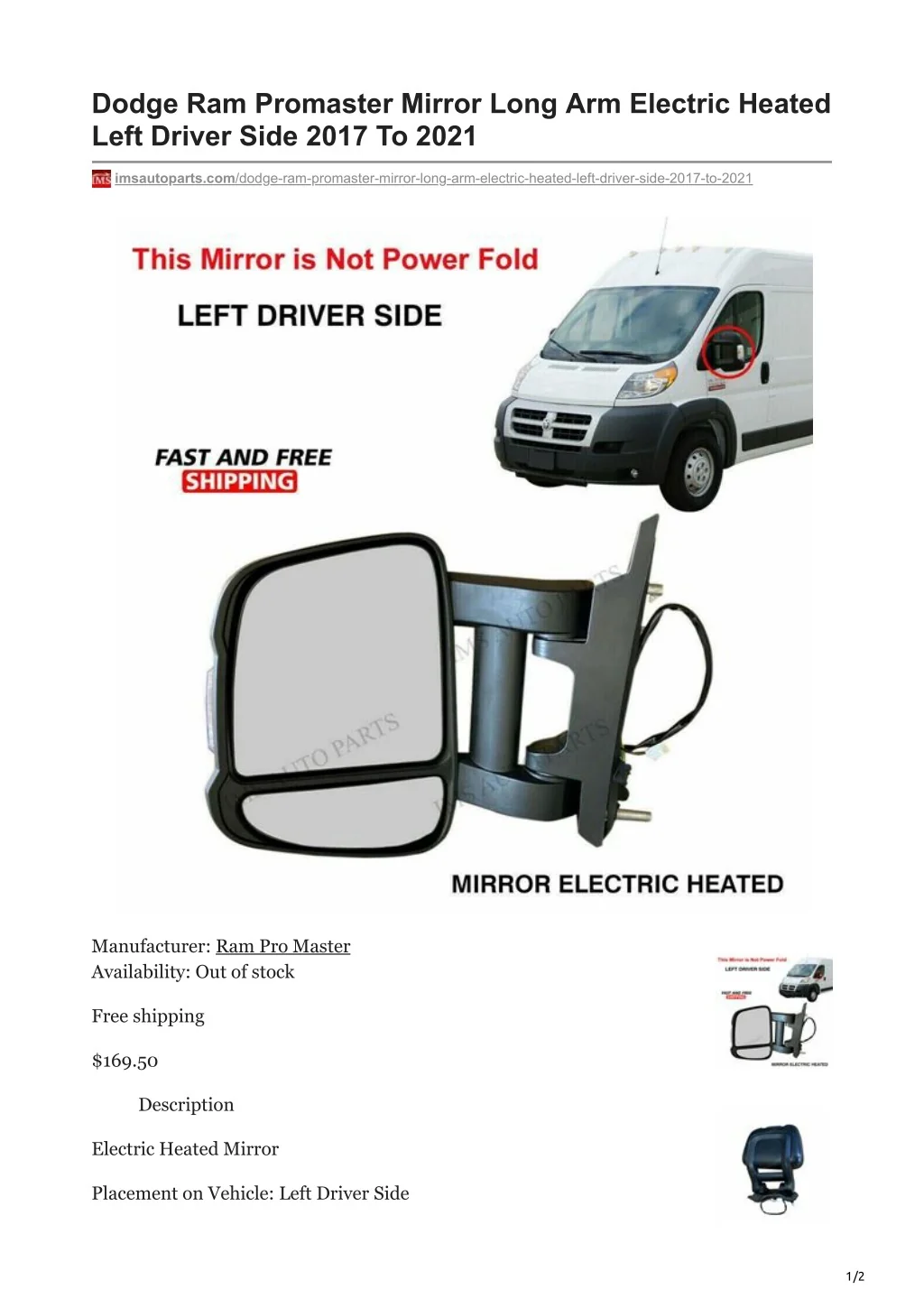 PPT - imsautoparts.com-Dodge Ram Promaster Mirror Long Arm Electric ...
