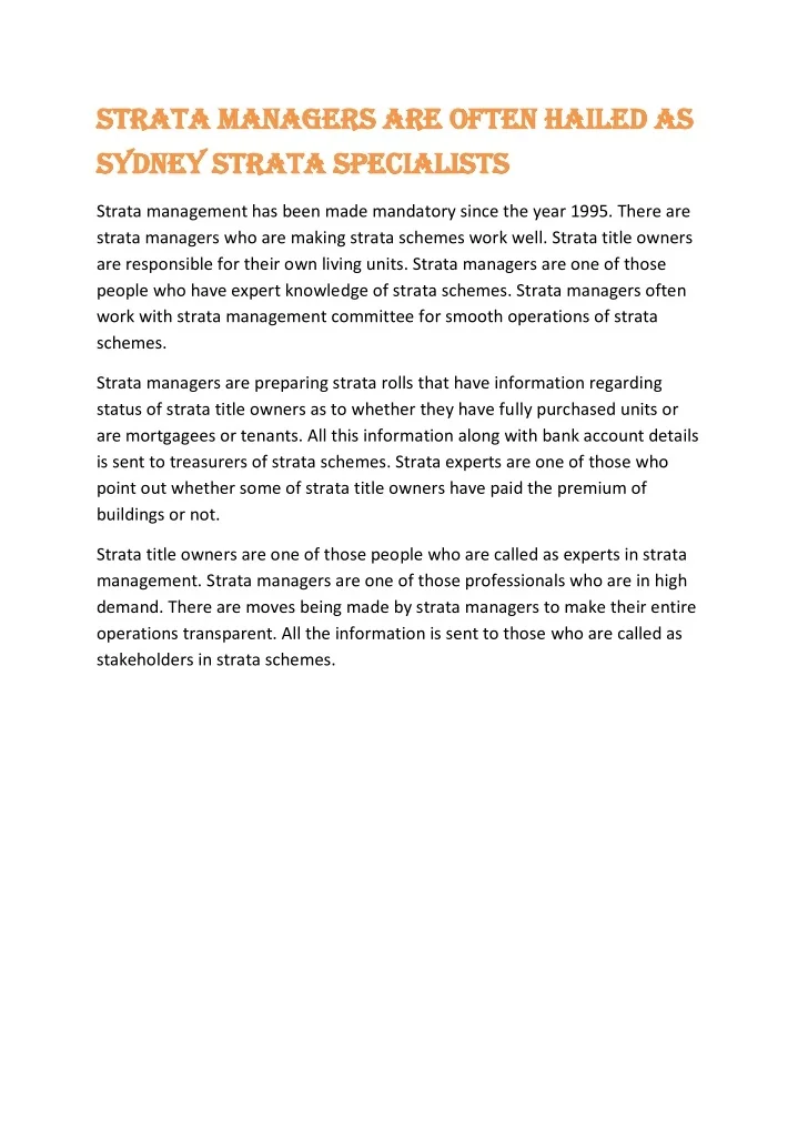 PPT - Strata managers are often hailed as Sydney strata specialists ...