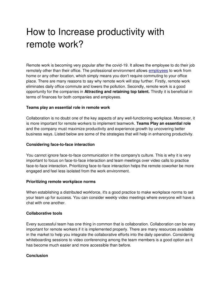PPT - How to Increase productivity with remote work? PowerPoint ...